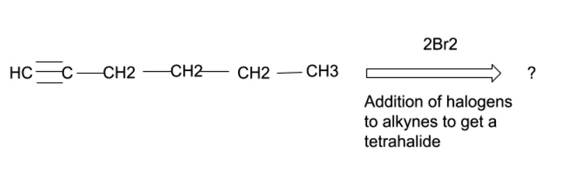 SOLVED: 2Br2 HC CH2 CH2 CH2 CH3 Addition of halogens to alkynes to get ...