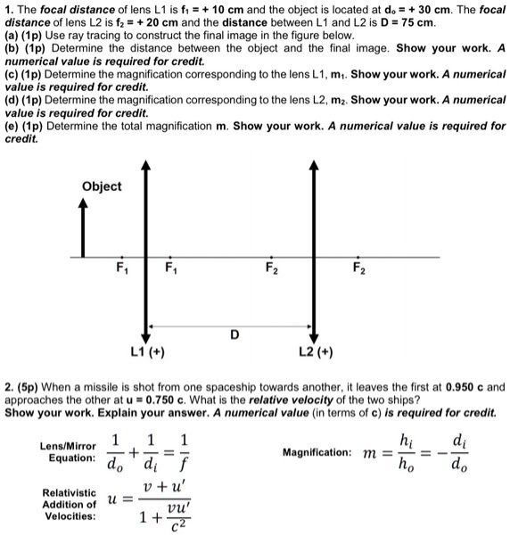 SOLVED: The focal distance of lens L1 is f = 10 cm and the object ...