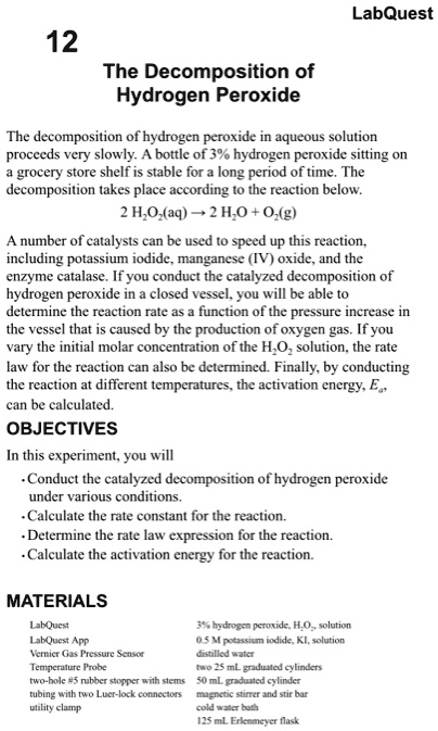 SOLVED: LabQuest 12 The Decomposition of Hydrogen Peroxide The ...