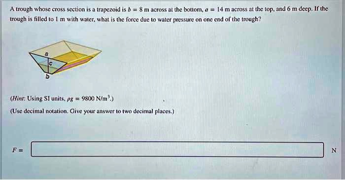 SOLVED: A trough, whose cross section is a trapezoid, is b = 8 m across at the bottom, a = 14 m ...