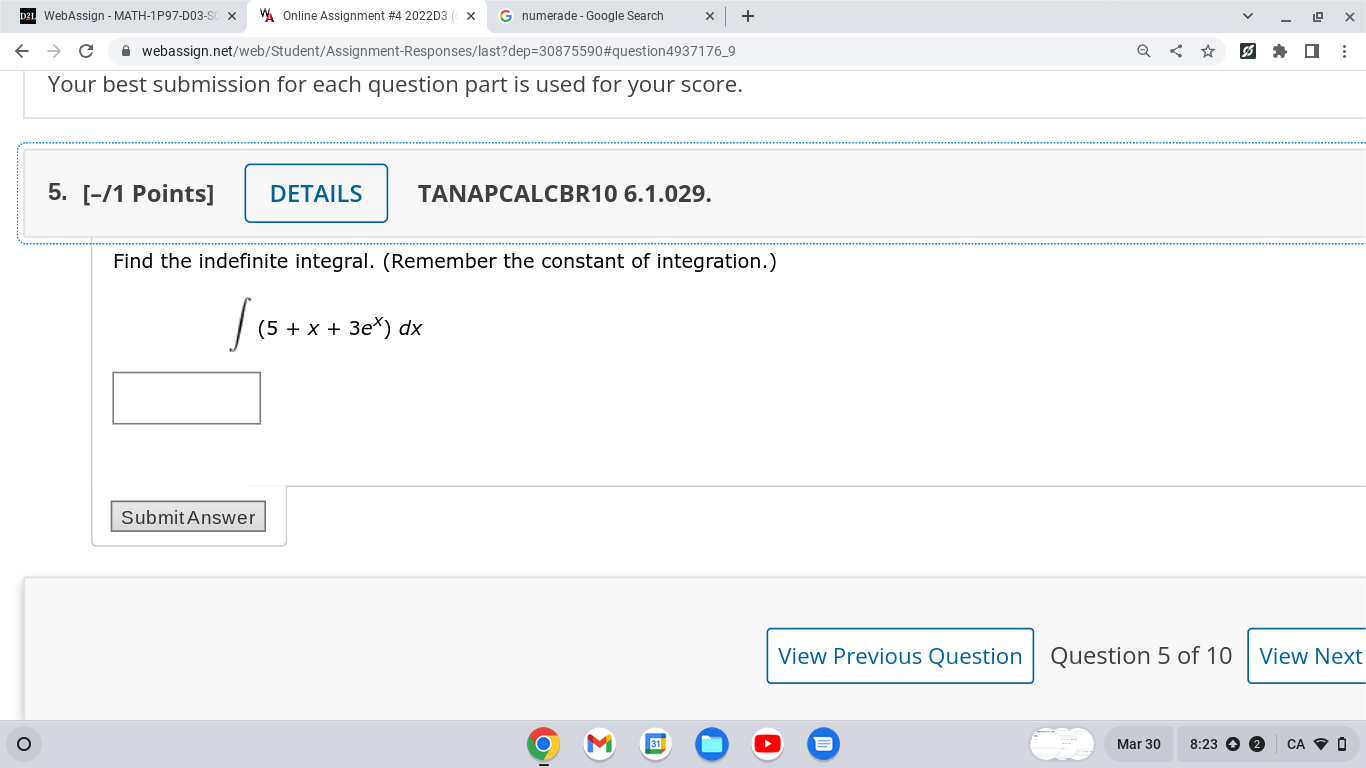 SOLVED: WebAssign - MATH-1P97-D03-SC × W Online Assignment #4 2022D3 (× ...