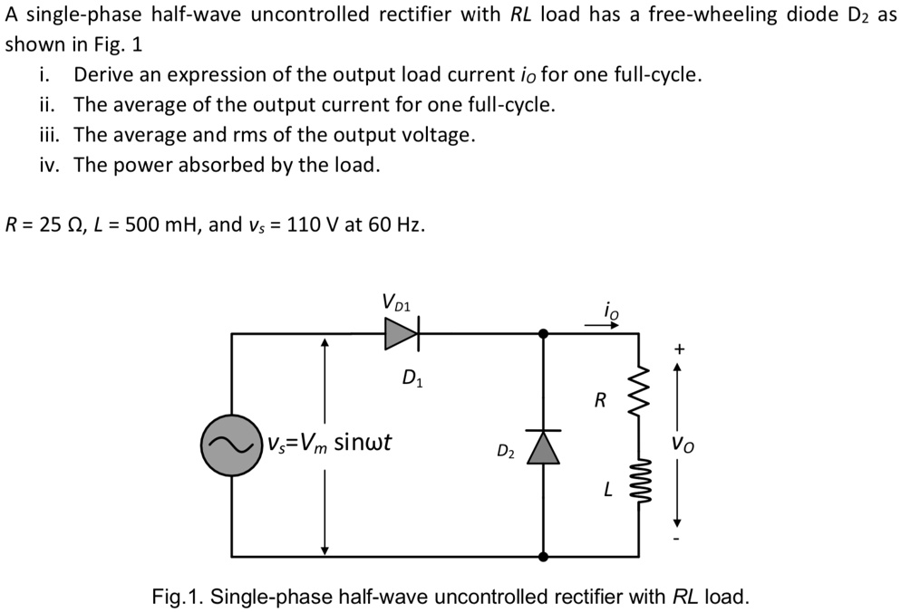 A single-phase half-wave uncontrolled rectifier with RL load has a free-wheeling diode D2 as ...