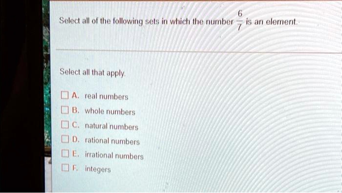 67 Select all of the following sets in which the number is an element. Select all that apply. A ...