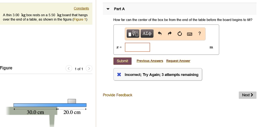 Constants A thin 3.00 kg box rests on a 5.50 kg board that hangs over ...