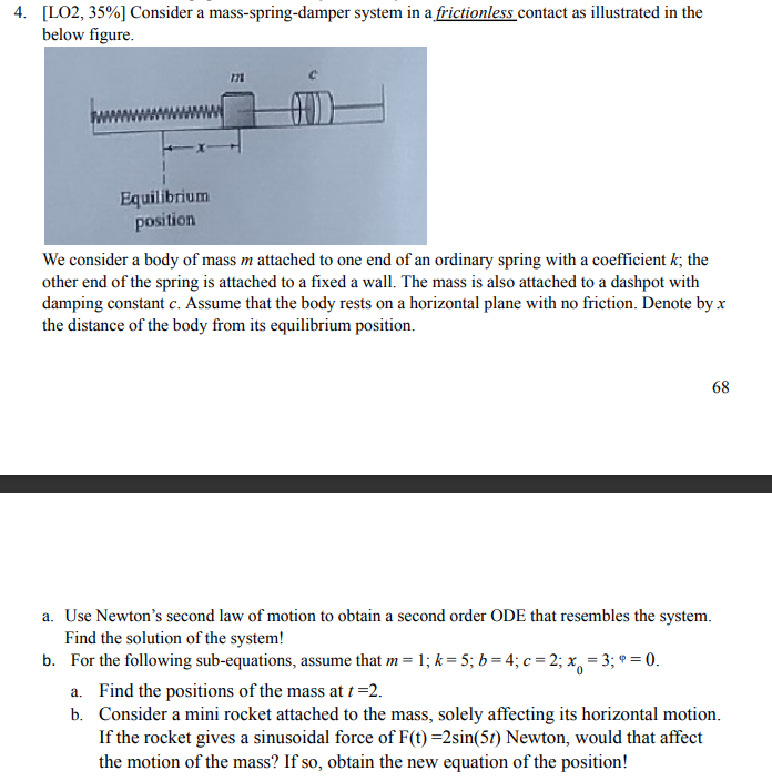 4. [LO2, 35%] Consider a mass-spring-damper system in a frictionless contact as illustrated in ...
