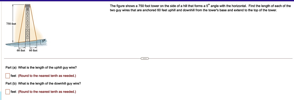 SOLVED: The figure shows a 750 foot tower on the side of a hill that ...