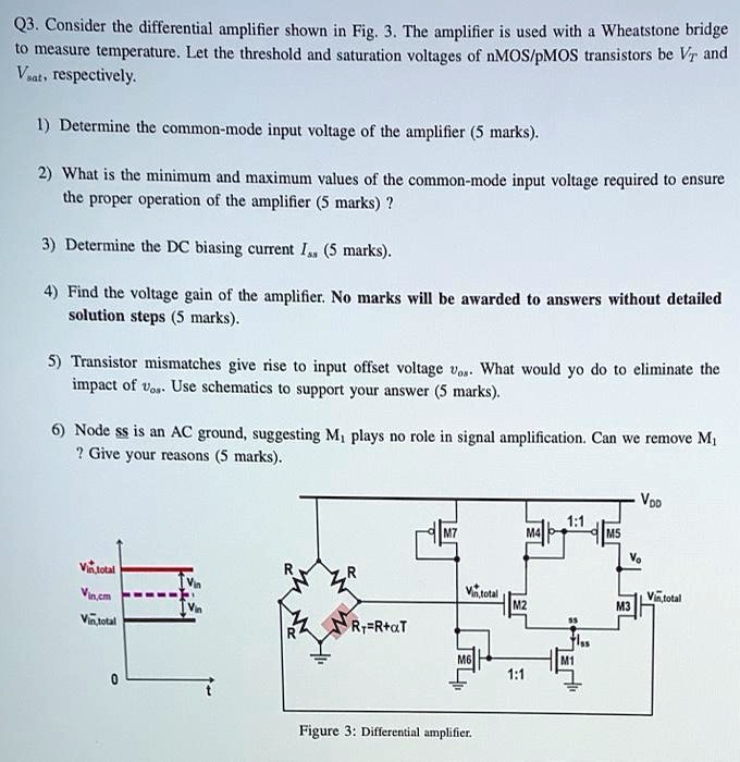 SOLVED: Q3: Consider the differential amplifier shown in Fig. 3. The amplifier is used with a ...