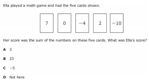 Ella played a math game and had the five cards shown. Her score was the ...