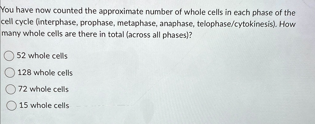 SOLVED: You have now counted the approximate number of whole cells in each phase of the cell ...