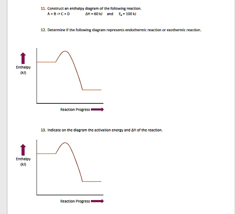 11 construct an enthalpy diagram of the following reaction a b c d h 60 kj and e 100 kj 12 ...