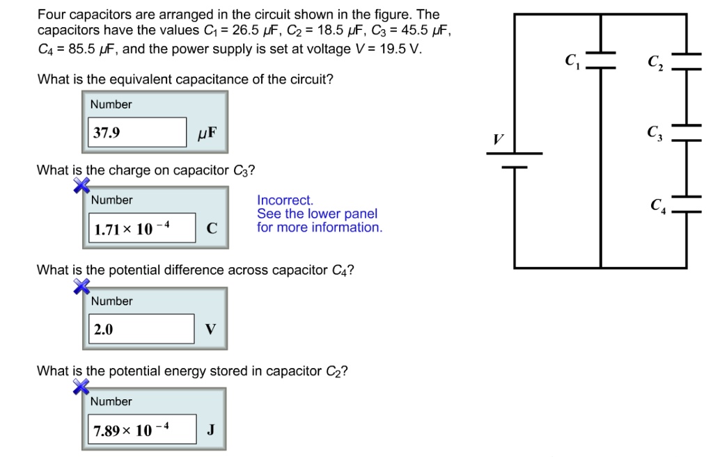 four capacitors are arranged in the circuit shown in the figure the capacitors have the values ...