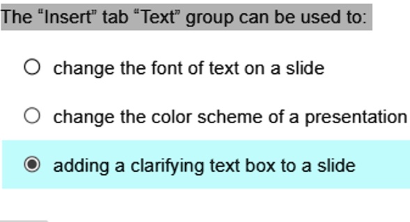 The "Insert" tab "Text" group can be used to: change the font of text ...