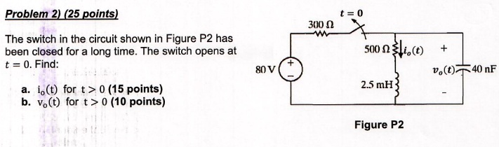 SOLVED: Problem 2) 25 points The switch in the circuit shown in Figure P2 has been closed for a ...