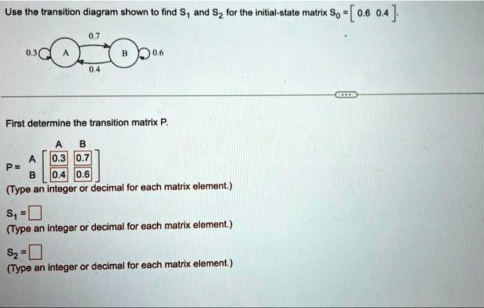 Use the transition diagram shown to find S1 and S2 for the initial-state matrix S0 = 0.7 0.3 A B ...