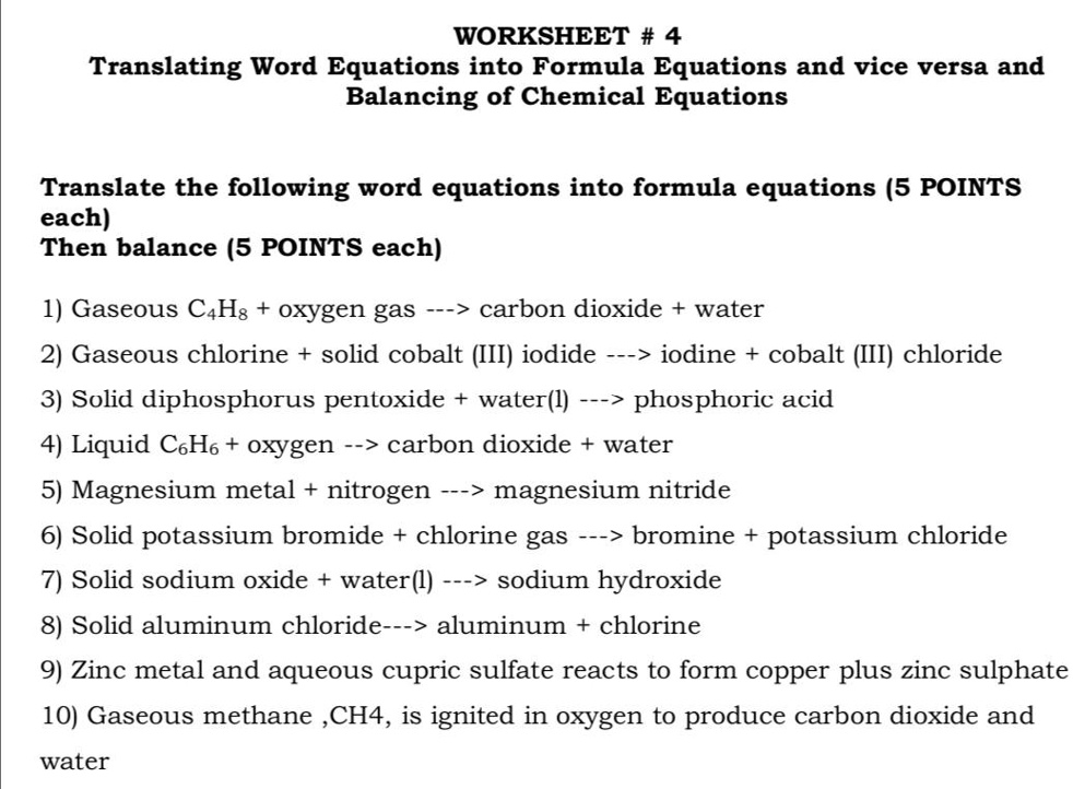 worksheet 4 translating word equations into formula equations and vice ...
