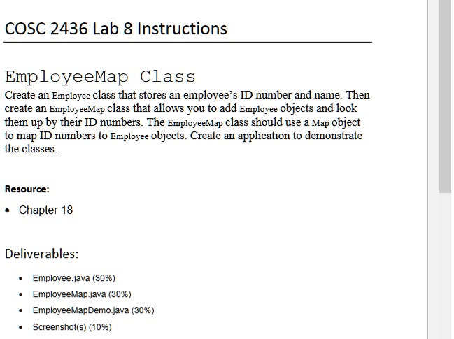SOLVED: COSC 2436 Lab 8 Instructions EmployeeMap Class: Create an Employee class that stores an ...