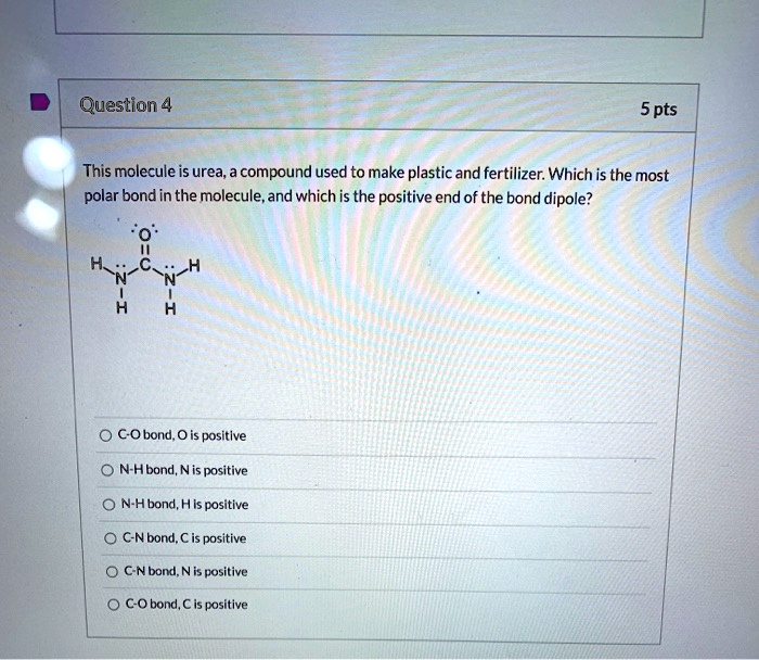 SOLVED: Question 4 5 pts This molecule is urea; compound used to make ... SOLVED: Question 4 5 pts This molecule is urea; compound used to make ...