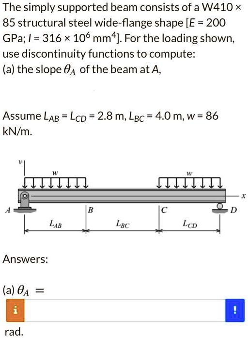 The simply supported beam consists of a W410 ×85 structural steel wide-flange shape [E = 200 GPa ...