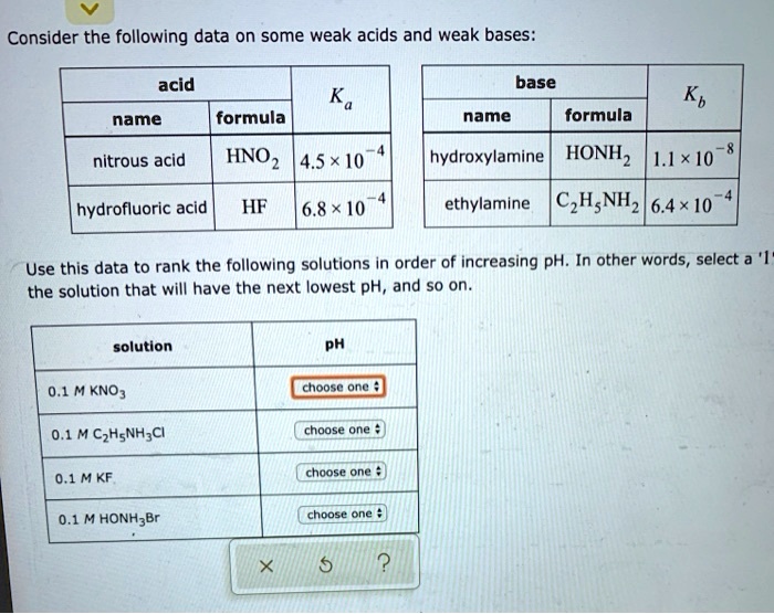 SOLVED: Consider the following data on some weak acids and weak bases acid base Ka Kb name ...