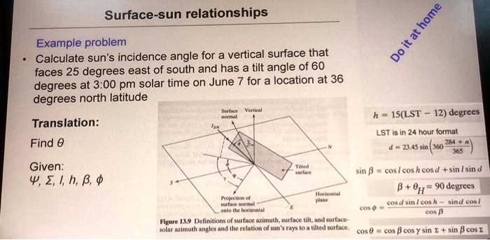Surface-sun relationships Example problem • Calculate sun's incidence ...