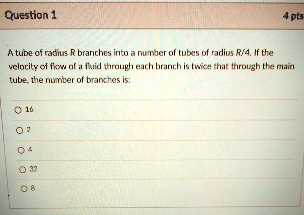 Question 1 4 pts A tube of radius R branches into a number of tubes of ...