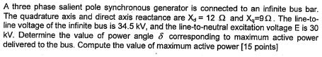 SOLVED: A three-phase salient pole synchronous generator is connected to an infinite bus bar ...