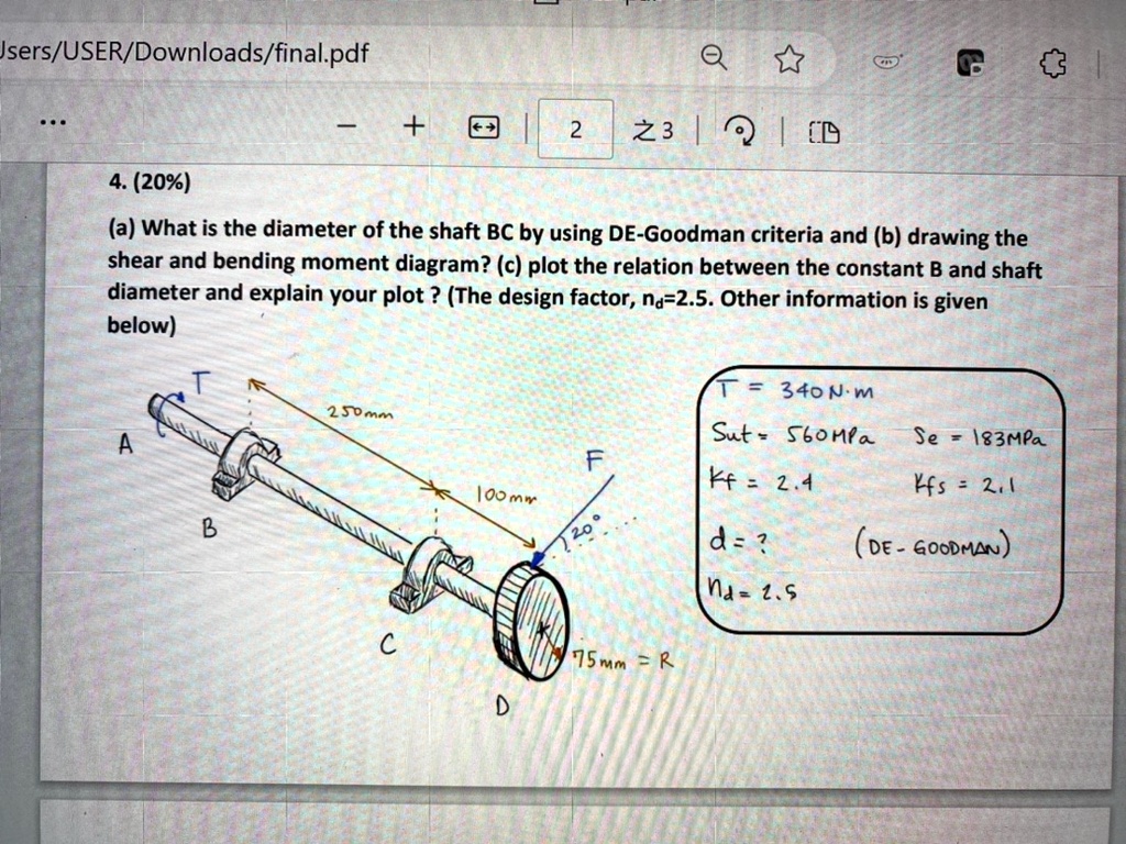SOLVED: sers/USER/Downloads/final.pdf + 2 Z3 4.(20%) (a) What is the diameter of the shaft BC by ...