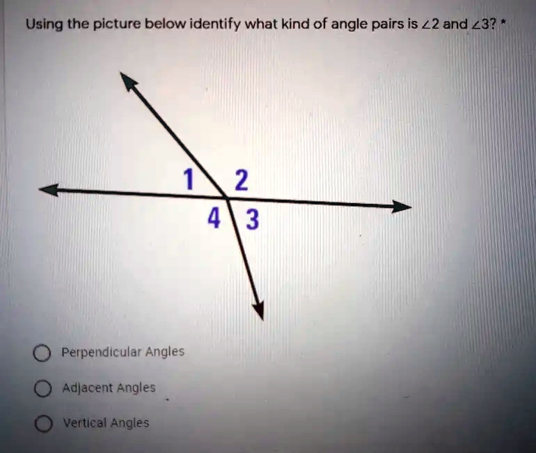 SOLVED: Using the picture below identify what kind of angle pairs is L2 and 23? 1 2 4 3 ...