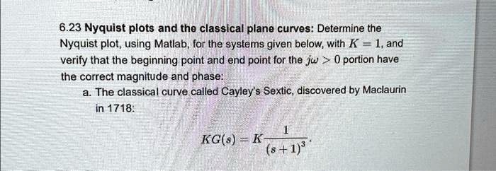 6.23 Nyquist plots and the classical plane curves: Determine the Nyquist plot, using Matlab, for ...