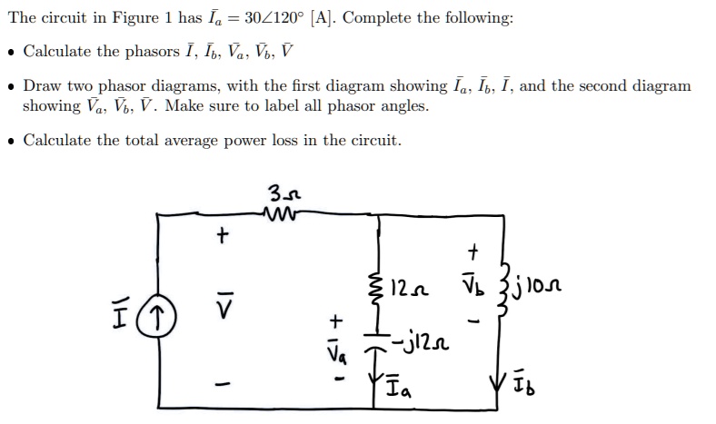 The circuit in Figure 1 has I̅a = 30∠120^∘ [A]. Complete the following: • Calculate the phasors ...