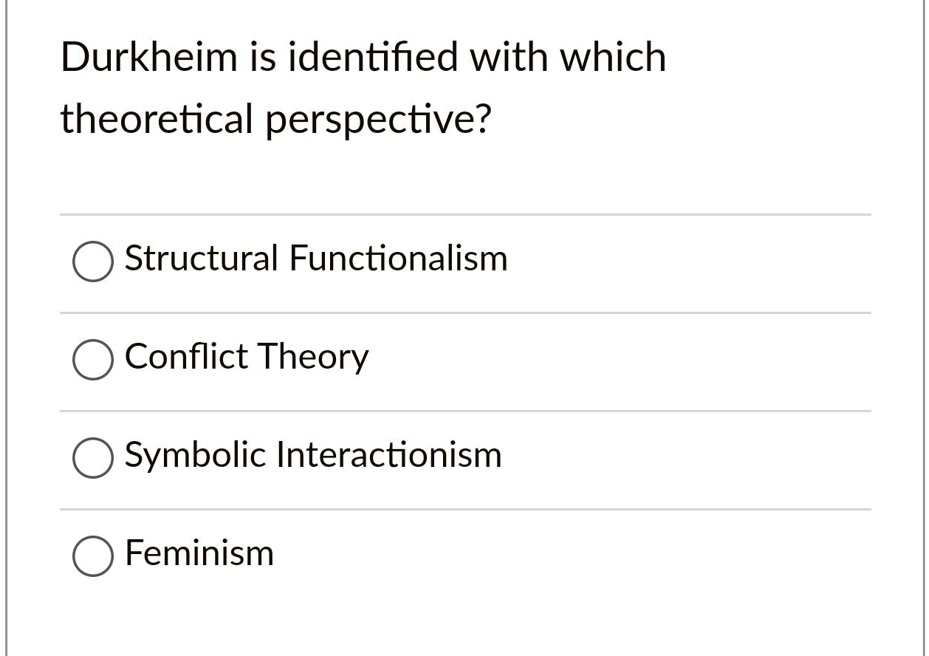 SOLVED: Durkheim is identified with which theoretical perspective ...