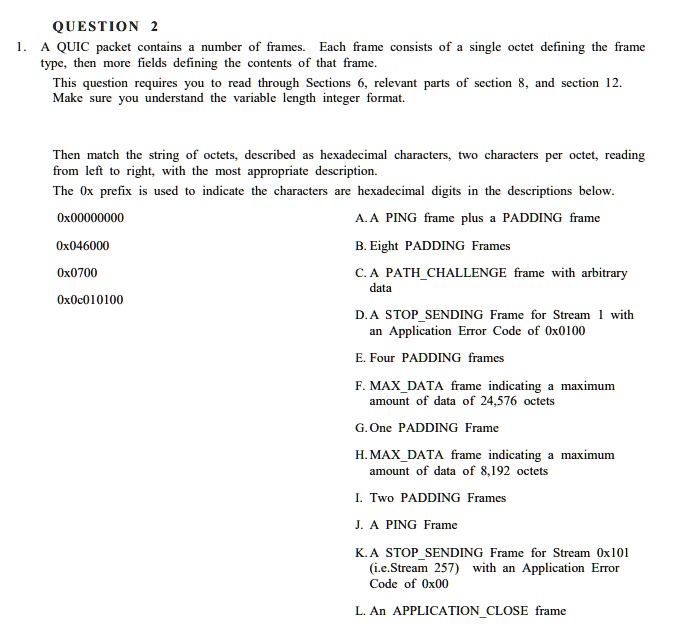 SOLVED: QUESTION 2 A QUIC packet contains a number of frames. Each ...