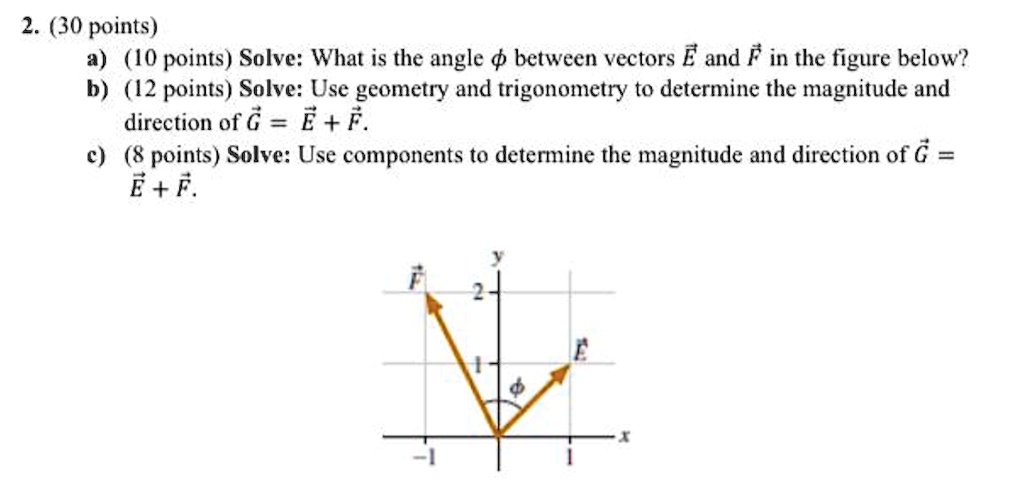 SOLVED:2. (30 points) 4) (10 points) Solve: What is the angle $ between vectors E and F in the ...