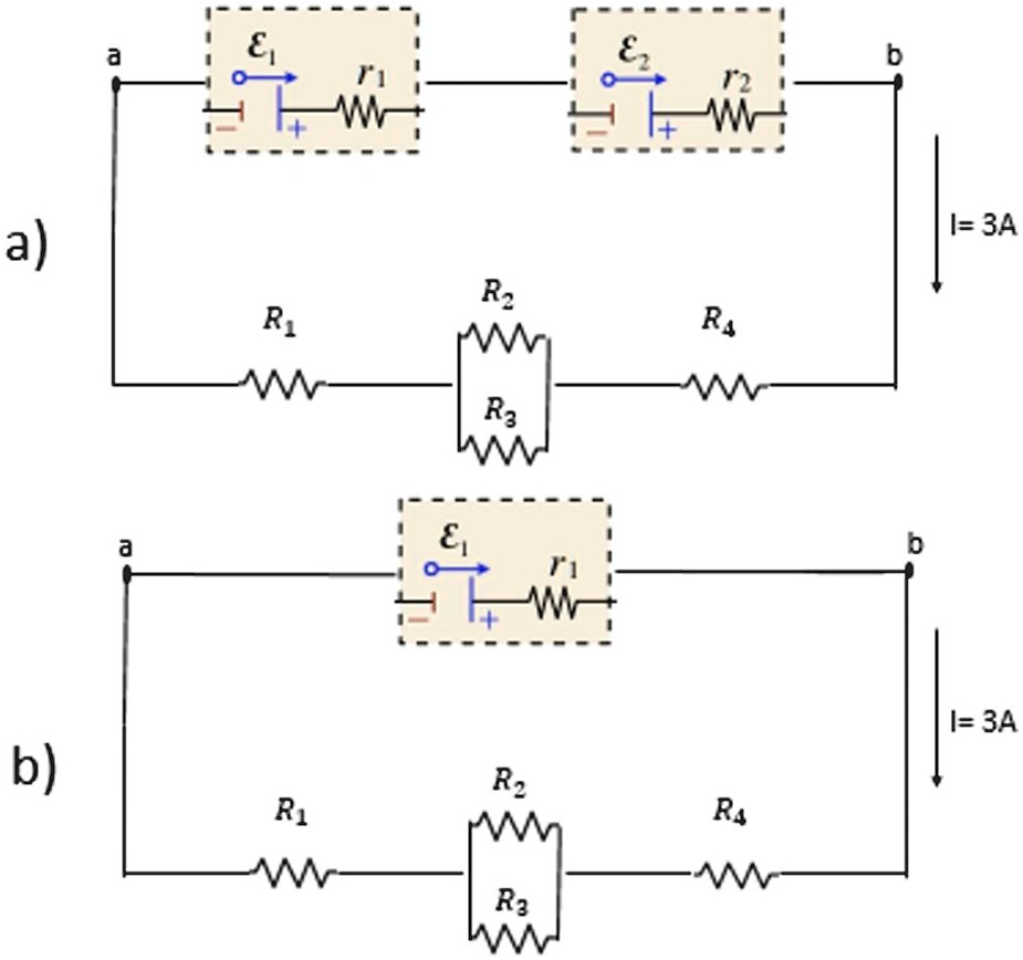 a) a ℰ1 b r1 R2 R1 R4 R3 b ℰ1 I = 3A I = 3A b) R2 R1 R4 R3