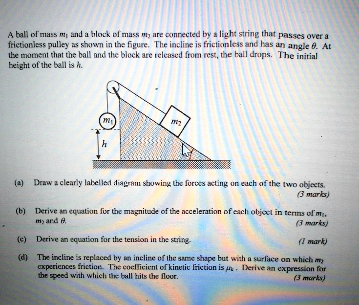 A ball of mass m1 and a block of mass m2 are connected by a light ...