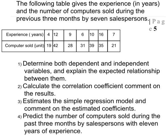 SOLVED: The following table gives the experience (in years) and the number of computers sold ...