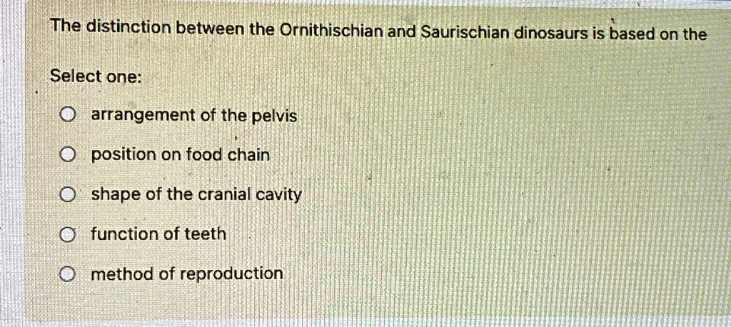 The distinction between the Ornithischian and Saurischian dinosaurs is ...