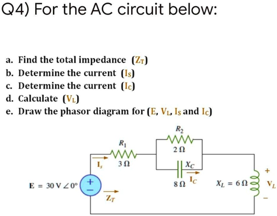 SOLVED: Q4) For the AC circuit below: a. Find the total impedance (Zr) b. Determine the current ...