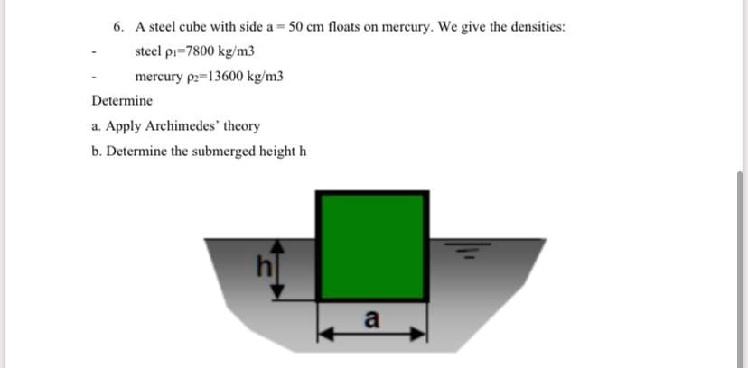 a steel cube with side 50 cm floats on mercury we give the densities steel p17800 kgm mercury ...