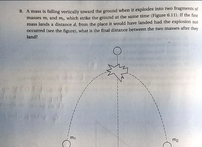 8. A mass is falling vertically toward the ground when it explodes into ...