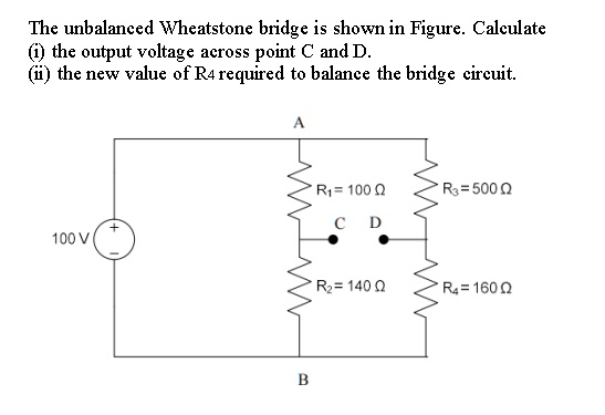 SOLVED: The unbalanced Wheatstone bridge is shown in Figure. Calculate the output voltage across ...