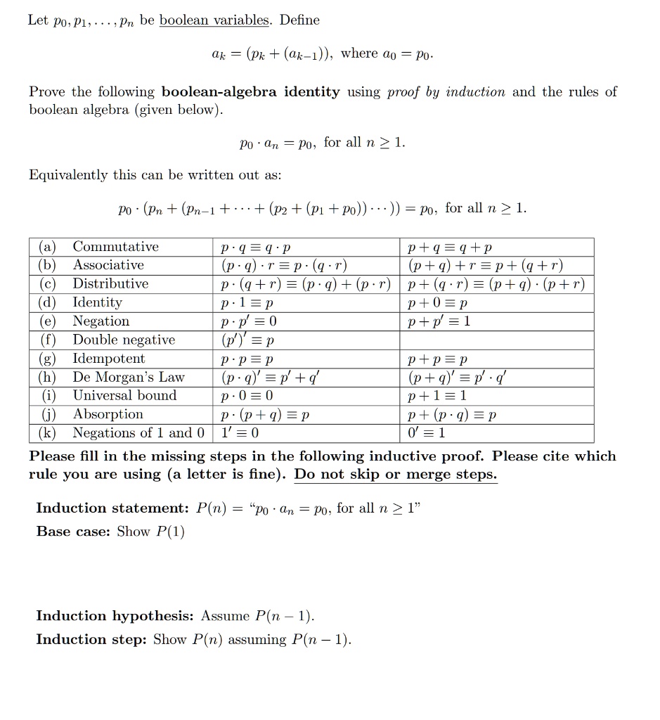SOLVED: Let po, P1 , Pn be booleanvariables Define ak (pk: + (ak-1 ...