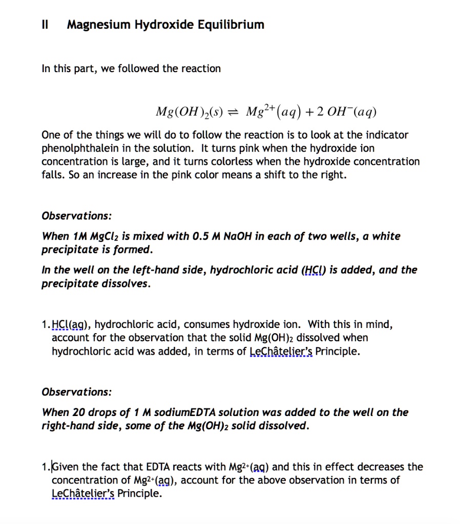 SOLVED: Text: Magnesium Hydroxide Equilibrium In this part, we followed ...