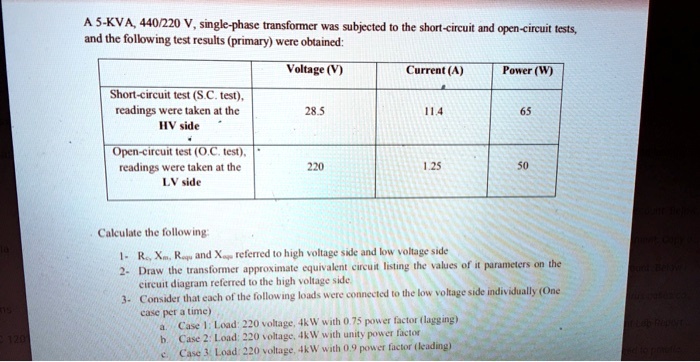 SOLVED: A 5-KVA, 440/220 V, single-phase transformer was subjected to ...