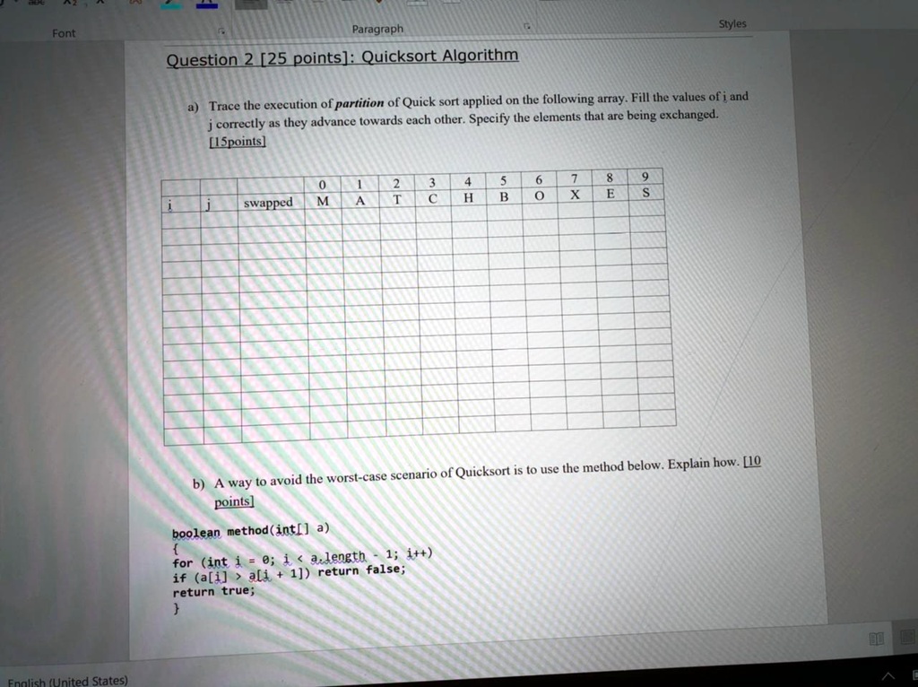 Solved Paragraph Styles Font Question 2 25 Points Quicksort Algorithm Trace The Execution Of 8946