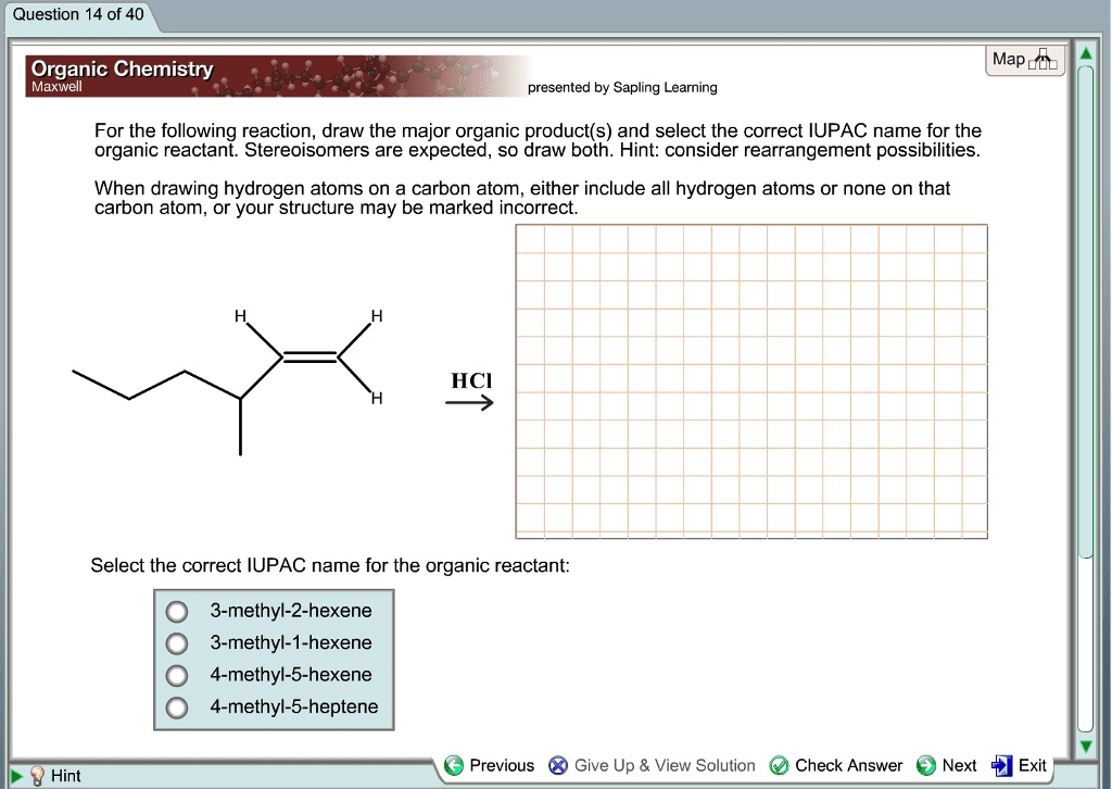 Help Question 14 Of 40 Map Organic Chemisty Maxwell Presented By Sapling Learning For The