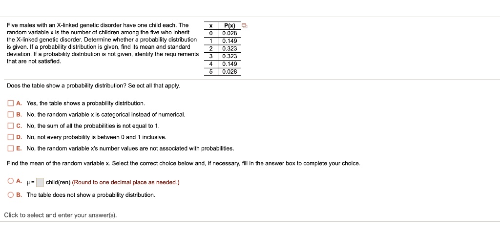 SOLVED: Five males with an X-linked genetic disorder have one child each: The random varable x ...