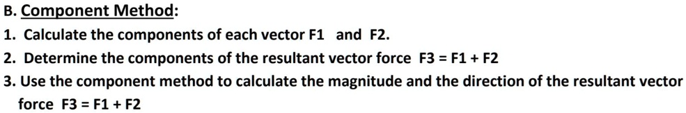 B. Component Method: 1. Calculate the components of each vector F1 and ...