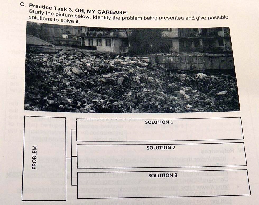 SOLVED: C. Practice Task 3. OH, MY GARBAGE! Study the picture below. Identify the problem being ...