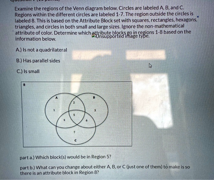 Examine the regions of the Venn diagram below: Circles are labeled A, B ...